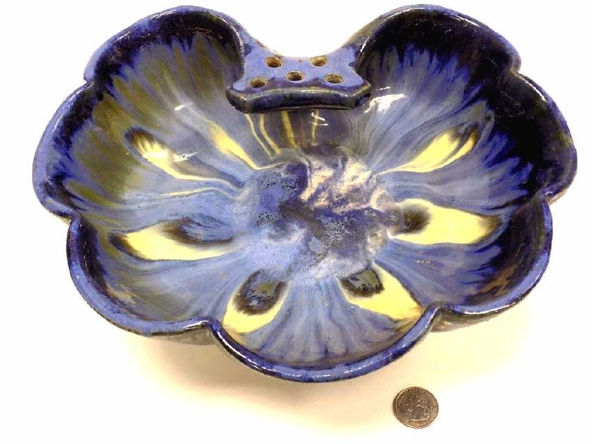 Big Blue Fulper Glazed Pottery Flower Frog Bowl
