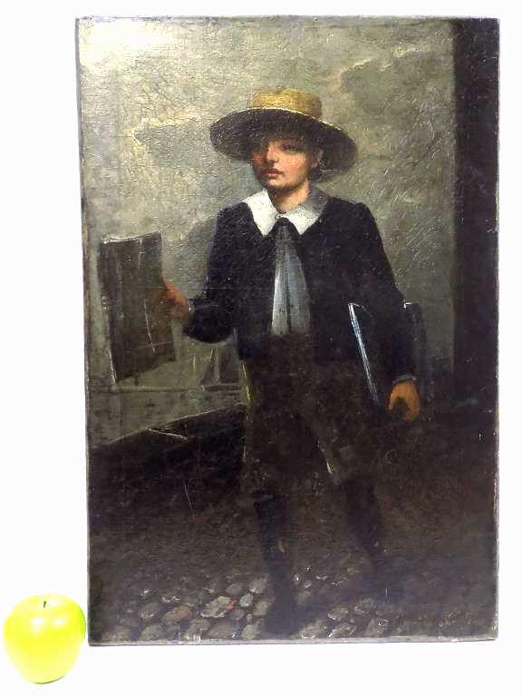 1800's Paper Boy Painting Signed National Academy