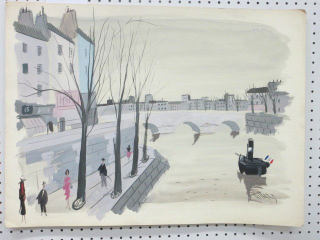 Antoine Villard French Village Gouache Painting