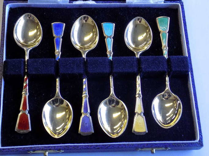 English Boxed Enameled Silver Spoon Set