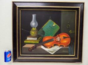 OIL PAINTING, STILL LIFE WITH VIOLIN, DU MONT : Lot 0516