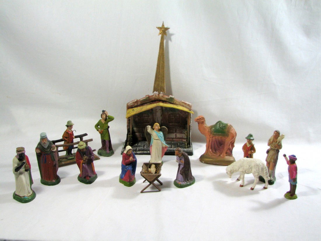 113: German Nativity Antique Set with Wax Baby Jesus