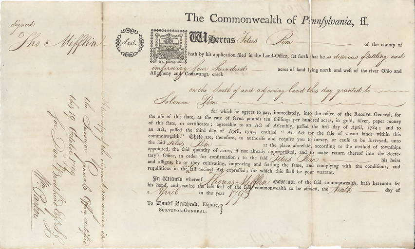 Thomas Mifflin Signed Land Grant (#0104) on Jan 26, 2023 | One of A ...