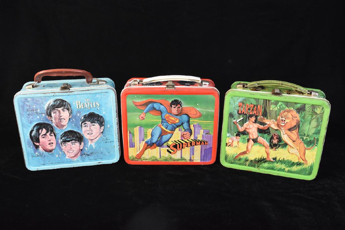 Vint. Blue Beatles, Superman & Tarzan Lunch Boxes