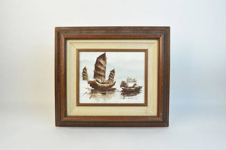 P Wong Junk Boat Harbor Canvas Signed Oil Painting