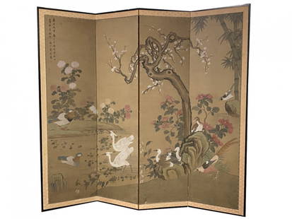 Antique Japanese 4 Panel Screen. Carved Ivory Flowers