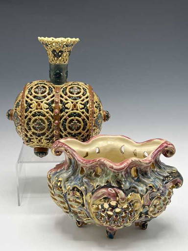 Zsolnay Reticulated Barrel Vase, Fischer
