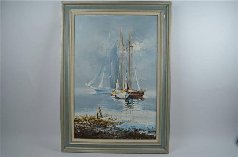 B. Wilder Oil On Canvas Ship Harbor Painting