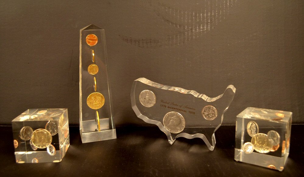 (4) Lucite/ Acrylic Floating Coin Paperweights