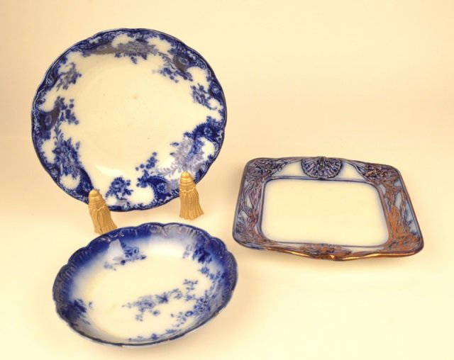 3 Flow Blue China Dishes Platters