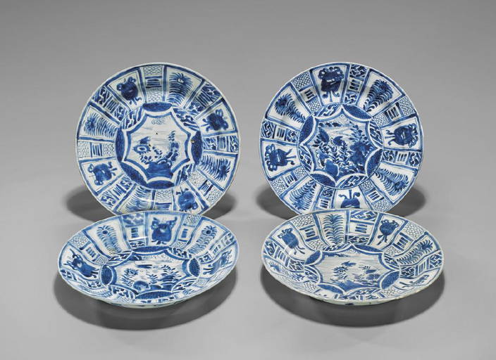 Four Antique Blue & White Shipwreck Kraak Ware Dishes