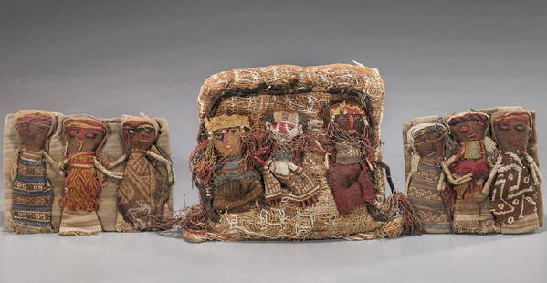 Three Peruvian Pre Columbian Textiles With Dolls