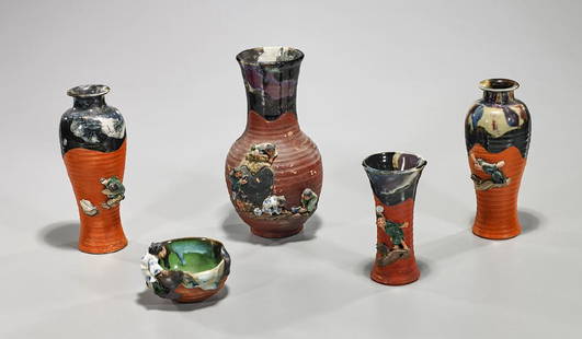 Five Pieces Of Japanese Sumida Gawa Art Pottery