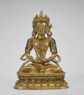 Sino Tibetan Gilt Bronze Warrior Buddha On Lotus Base