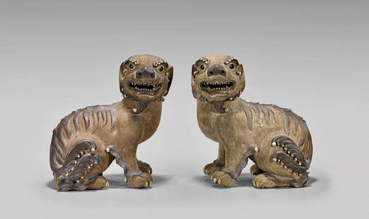 Pair Antique Chinese Shiwan Pottery Dogs