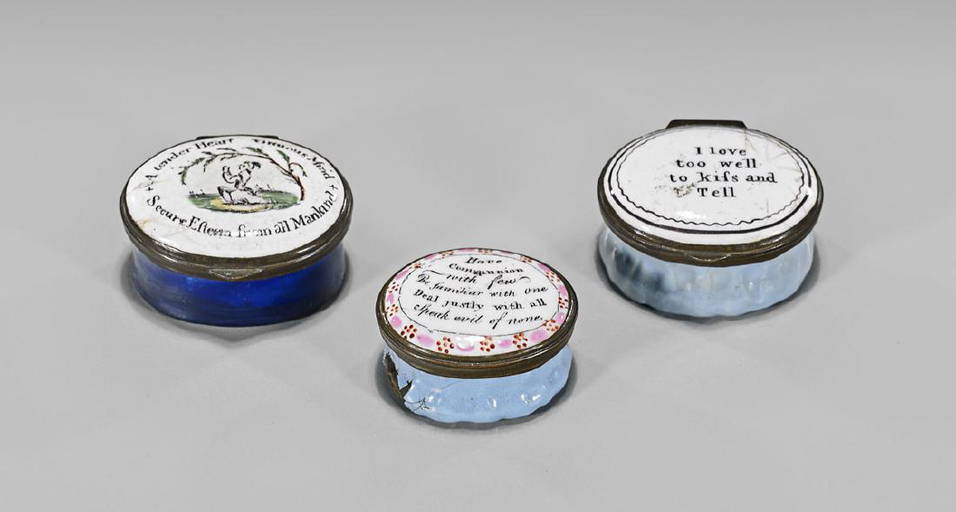 Three Antique Battersea Enamel 'motto' Boxes