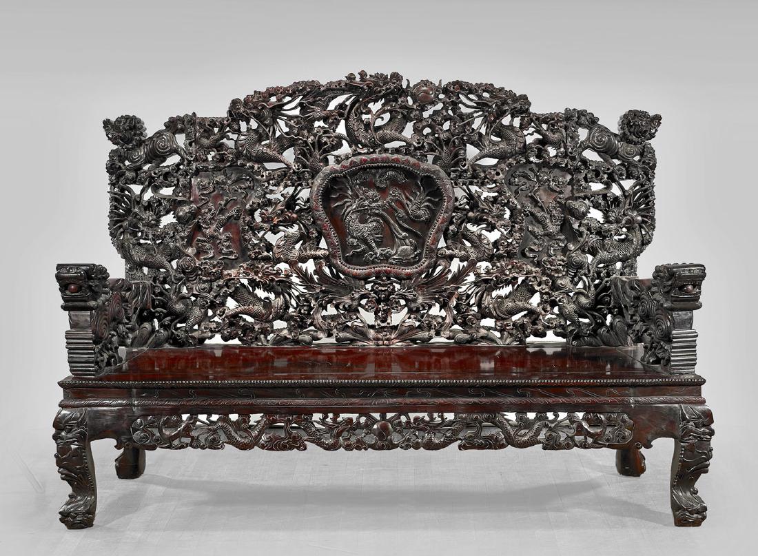 LARGE JAPANESE CARVED WOOD BENCH