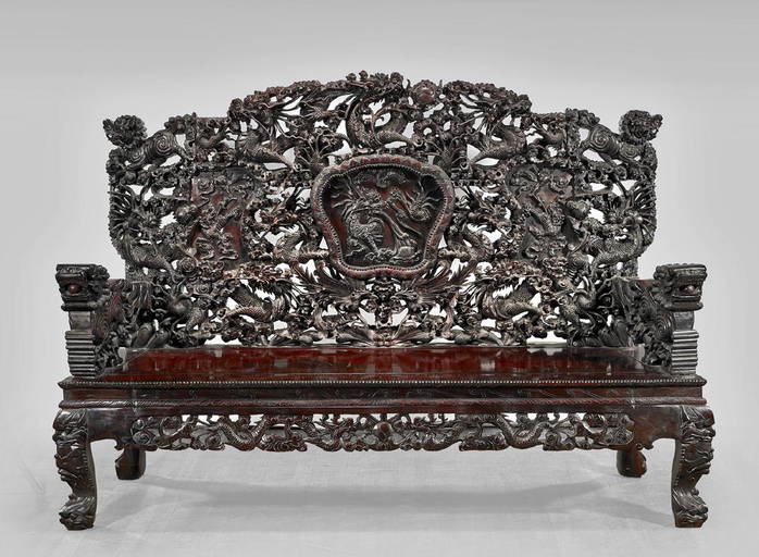 Large Japanese Carved Wood Bench