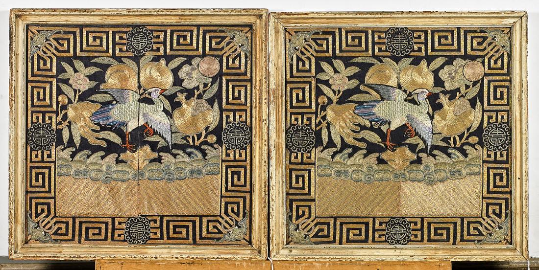 Pair Antique Chinese Embroidered Silk Rank Badges