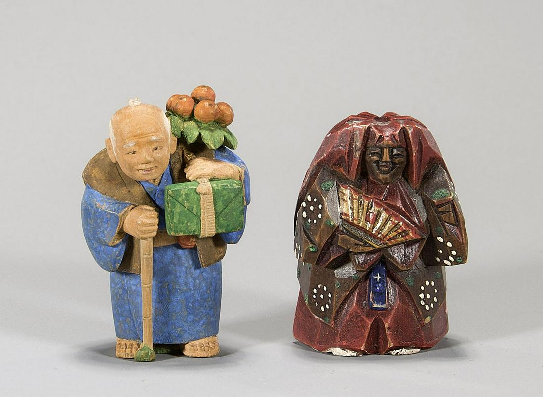 Two Polychromed Wood Figural Netsuke