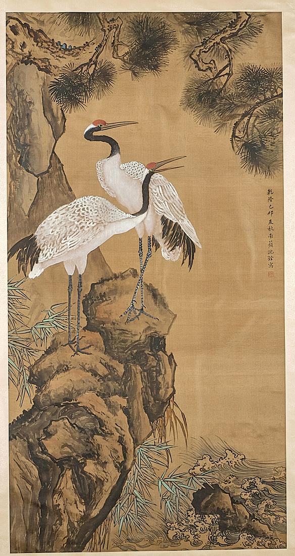 Two Large Framed Chinese Ink & Color Scroll Paintings