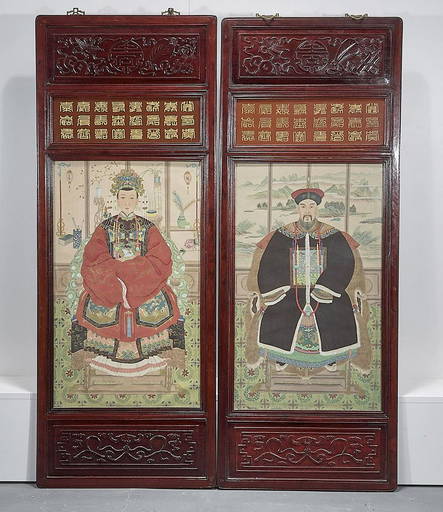 Pair Chinese Wood Panels With Inset Paintings