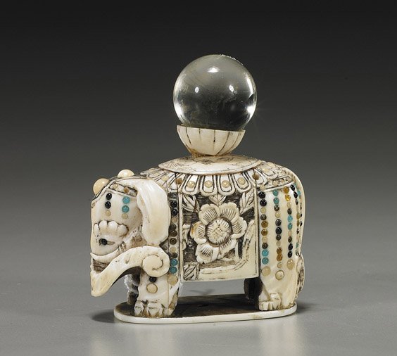 146: Carved Ivory Netsuke: Elephant & Ball