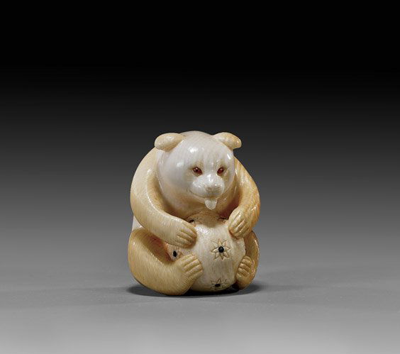 CARVED IVORY NETSUKE: Panda & Ball