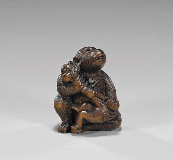 Antique Wood Netsuke: Monkeys