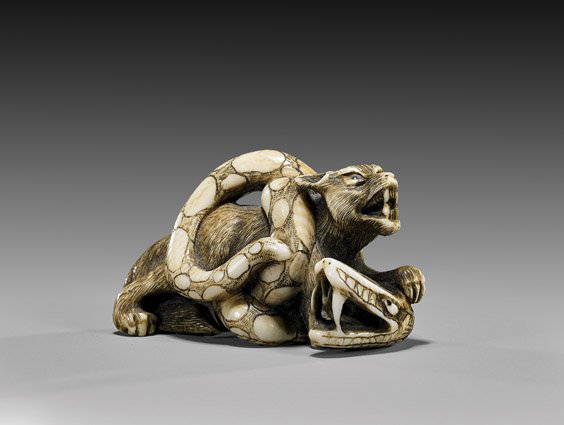 Antique Ivory Netsuke: Python & Wolf