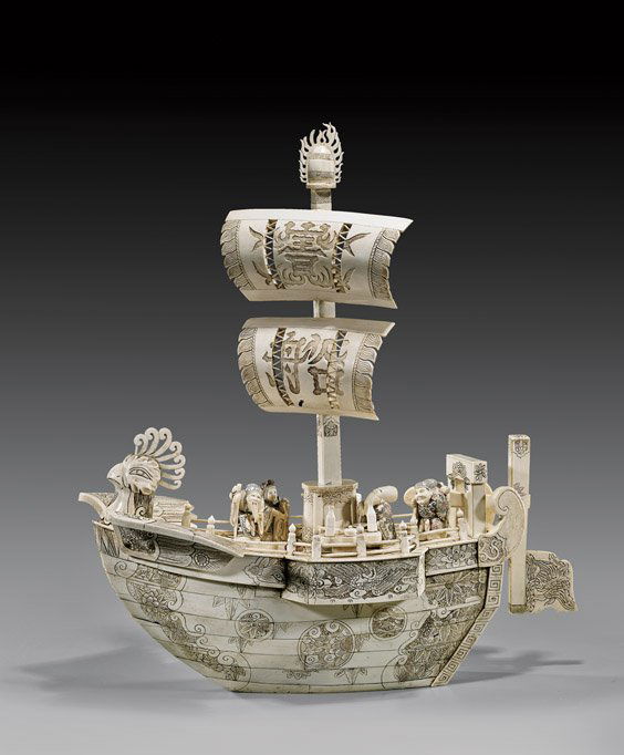 LARGE CARVED IVORY 'TREASURE' SHIP