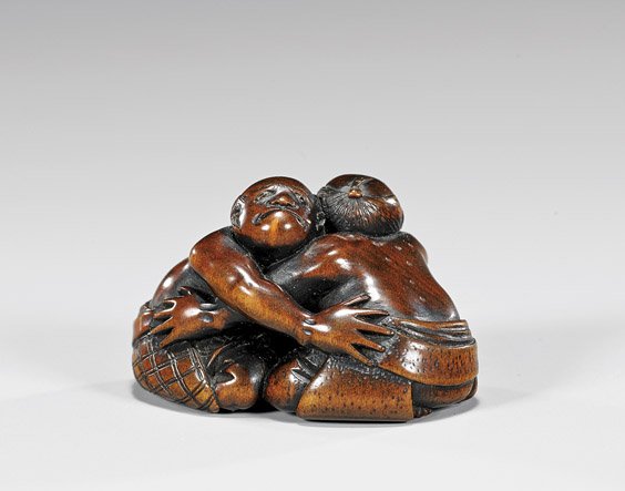 Antique Wood Netsuke: Sumo Wrestlers