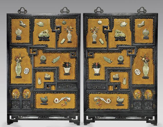 Pair Large Appliquéd Lacquered Panels