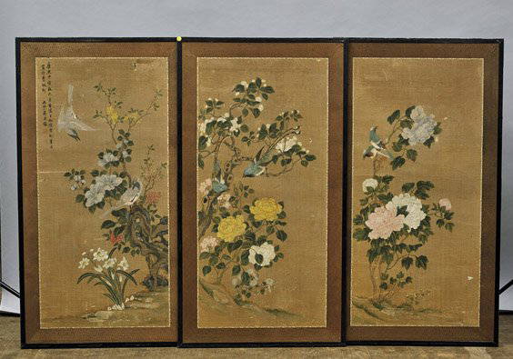 Three Chinese Ink & Color Silk Paintings