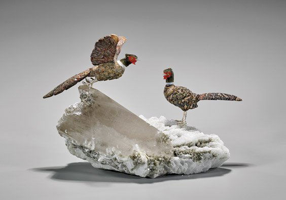 LEOPARDSKIN JASPER PHEASANT PAIR CARVING ON ALBITE AND