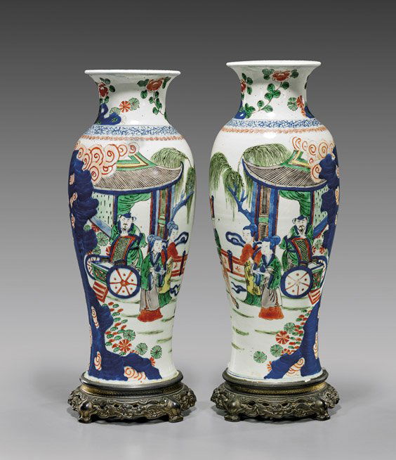PAIR TRANSITIONAL PERIOD WUCAI PORCELAIN VASES