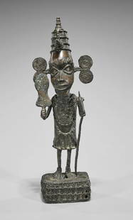 African Benin Bronze Sculpture Of Standing Warrior