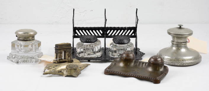 5 Assorted Vintage Metal / Glass Ink Wells With Inserts