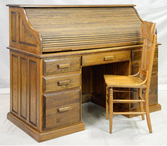 Large American Oak Roll Top Desk & Chair