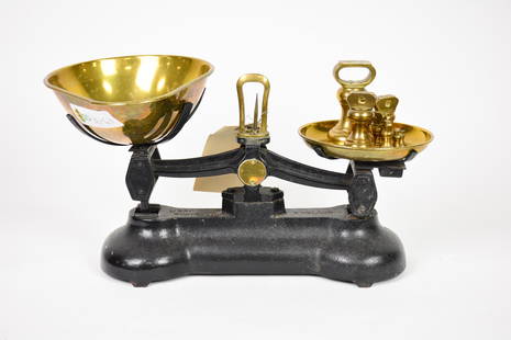 British Red Balance Scale With Brass Bell Weights