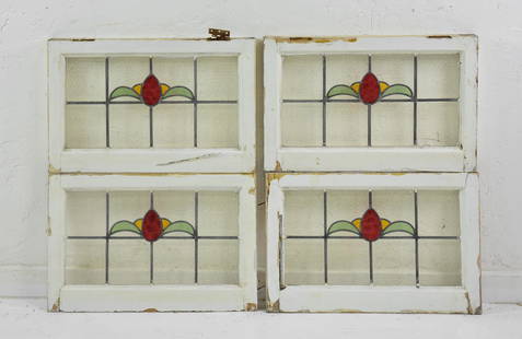 5 British Stained Glass Windows Red & Green Centers