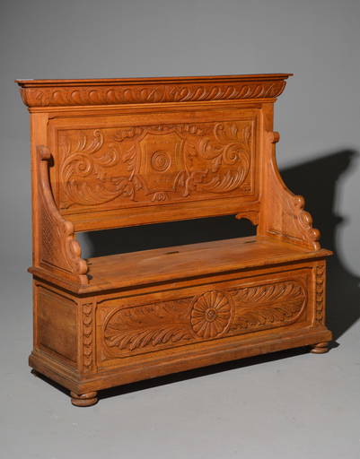 Belgian Carved Oak High Back Hall Bench