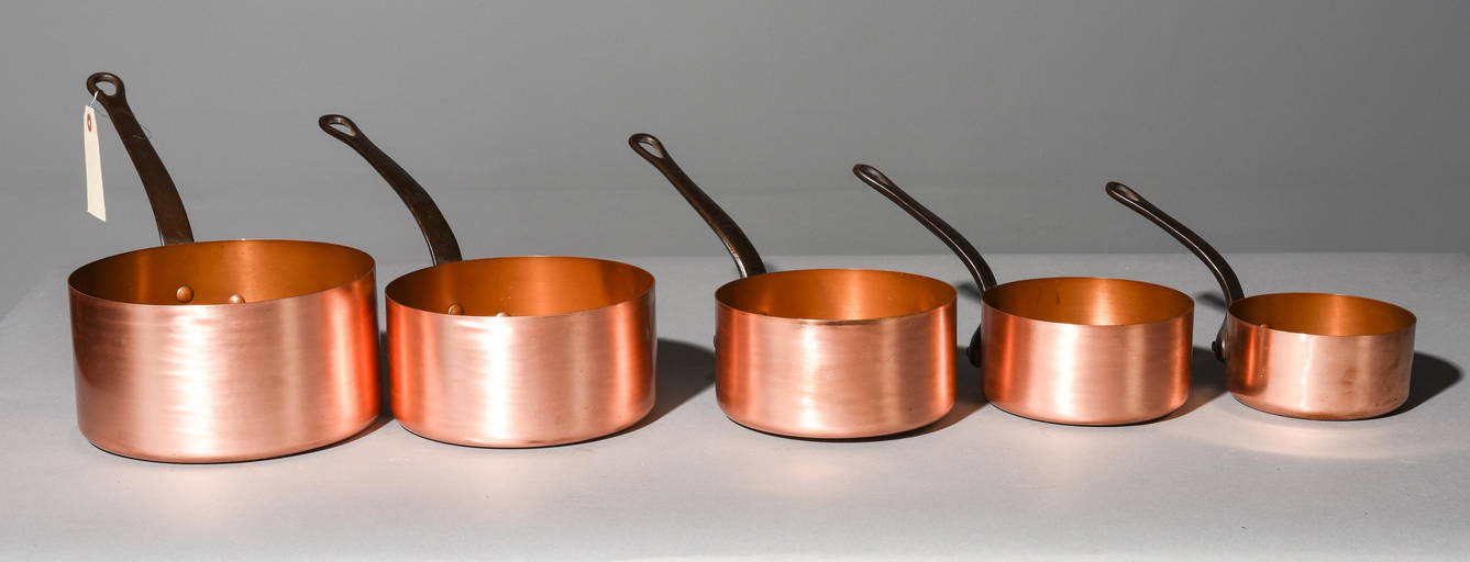 Set Of 5 French Polished Copper Sauce Pans