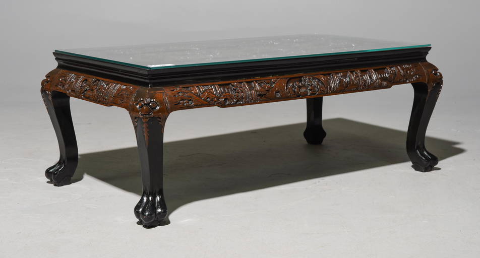 Asian Hand Carved Glass Top Coffee Table