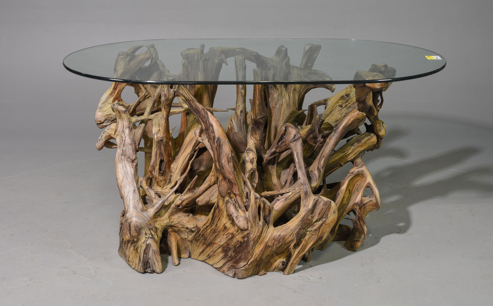 Oval Glass Top Teak Root Base Table