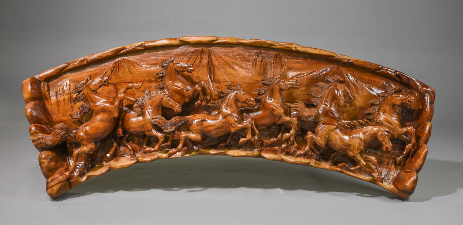 Horse Stampede Carved Teak Root Plaque #1 Auction