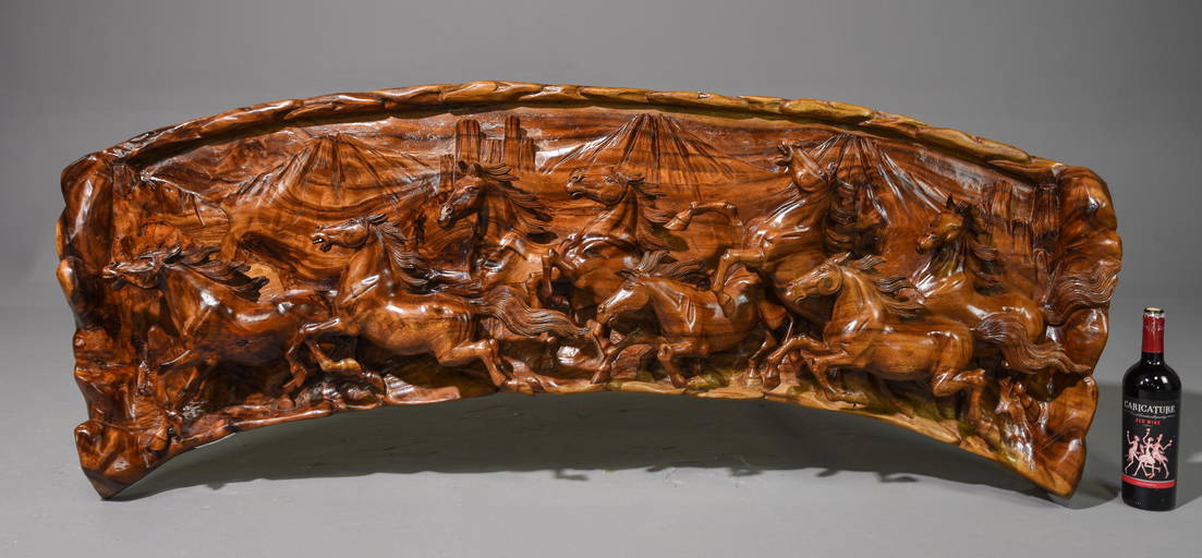 Horse Stampede Carved Teak Root Plaque #2
