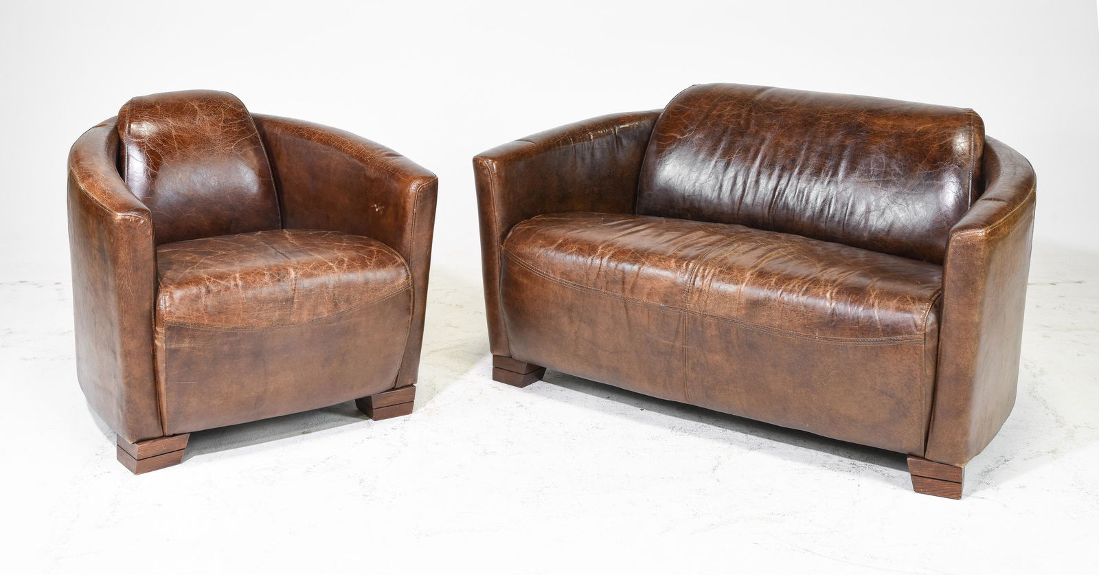 French Brown Leather Aviator Style Club Chair & Sofa