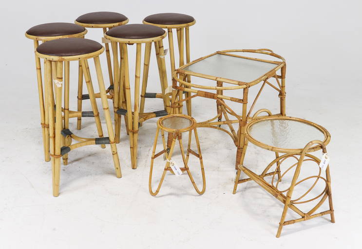 5 Bamboo Counter Stools, Trolley & 2 Tables