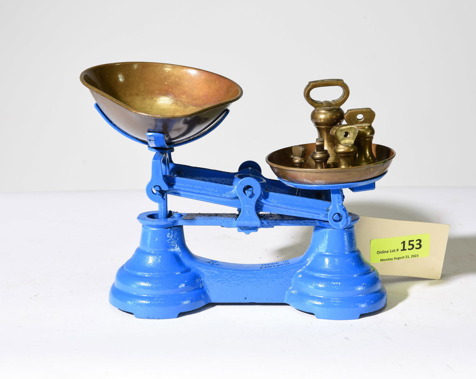 Blue British Balance Scale With Brass Bell Weights